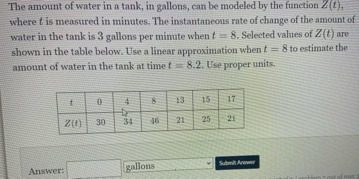Solved The amount of water in a tank, in gallons, can be | Chegg.com
