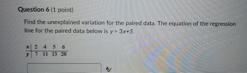 Solved Question 6 (1 point) Find the unexplained variation | Chegg.com