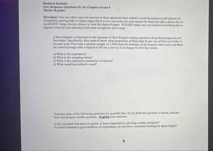 Solved Business Statistics Free Response Questions #5: for | Chegg.com