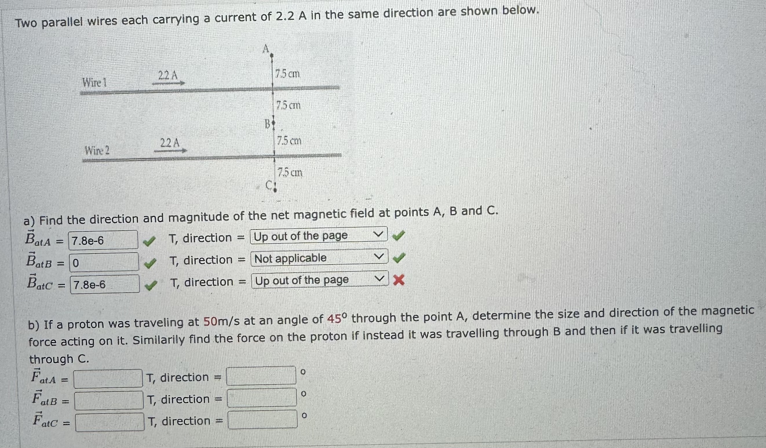 Solved Two parallel wires each carrying a current of 2.2A | Chegg.com
