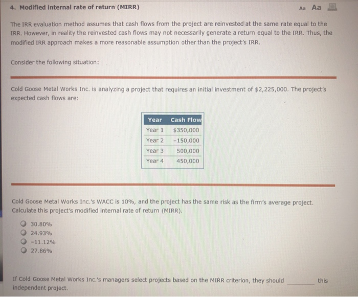 Solved 4 Modified Internal Rate Of Return Mirr Aa Aa The