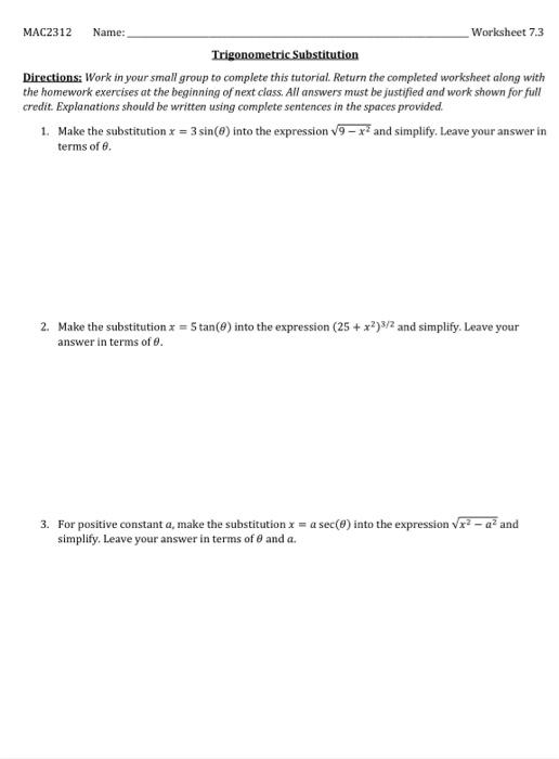 Solved Name: MAC2312 Worksheet 7.3 Trigonometric | Chegg.com