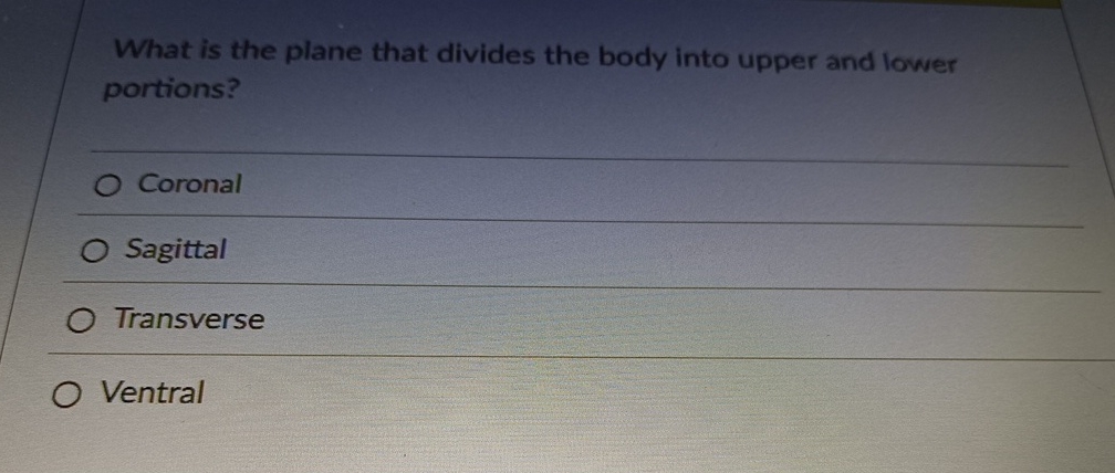 Solved What is the plane that divides the body into upper | Chegg.com