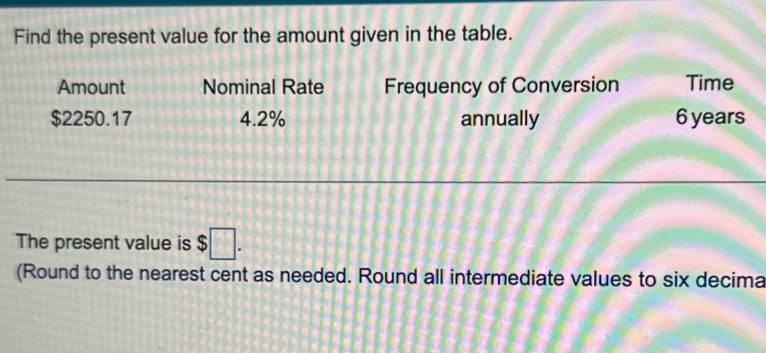 Solved Find the present value for the amount given in the | Chegg.com