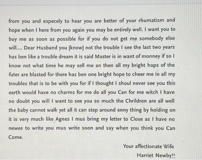Letters from Harriet Newby to her husband, | Chegg.com