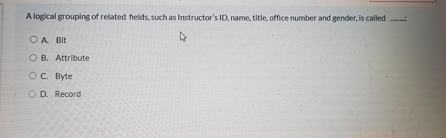 Solved A logical grouping of related fields, such as | Chegg.com