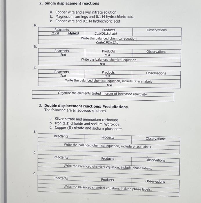 Solved NO OBSERVATION NEEDED Single displacement reactions | Chegg.com