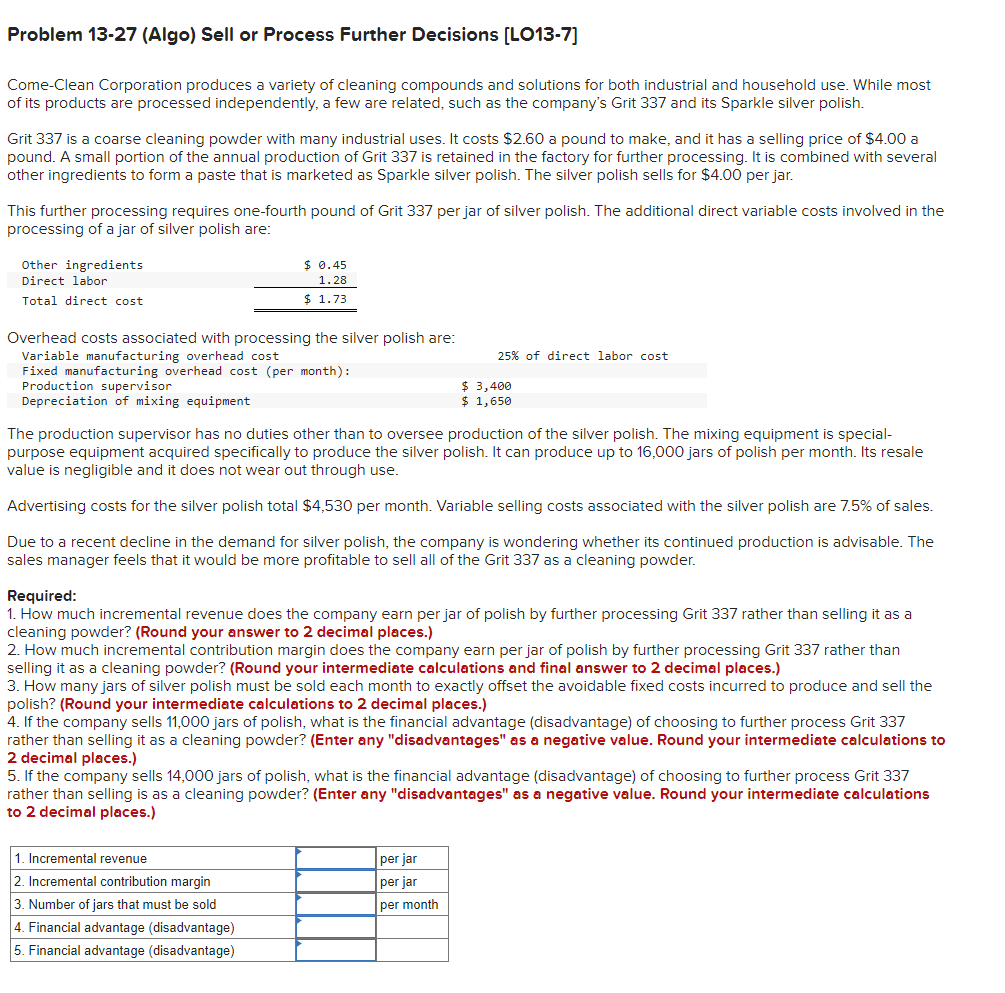 Solved Problem 13-27 (Algo) ﻿Sell or Process Further | Chegg.com