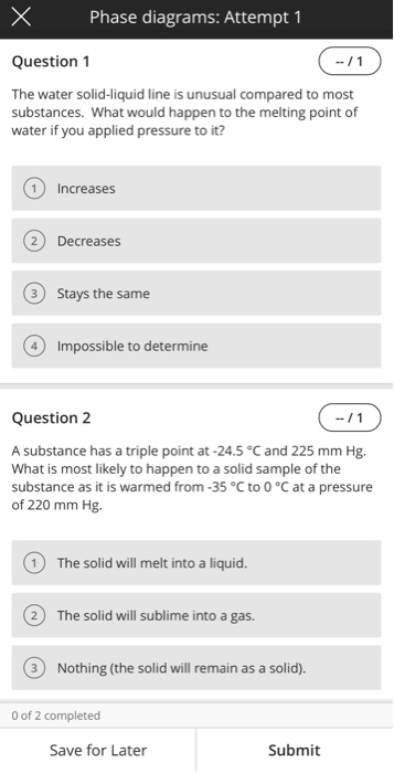 Solved Х Phase diagrams: Attempt 1 -/1 Question 1 The water | Chegg.com
