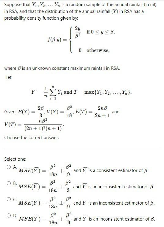 Solved Suppose that Y1,Y2,…Yn is a random sample of the | Chegg.com