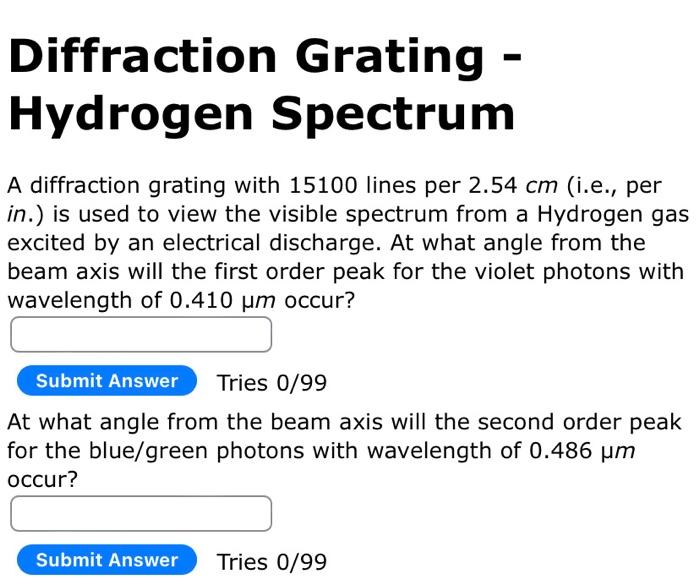 Solved Diffraction Grating - Hydrogen Spectrum A diffraction | Chegg.com