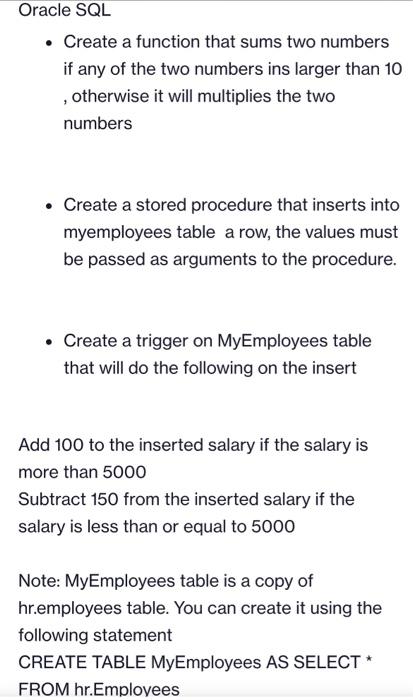Solved Oracle SQL • Create a function that sums two numbers | Chegg.com