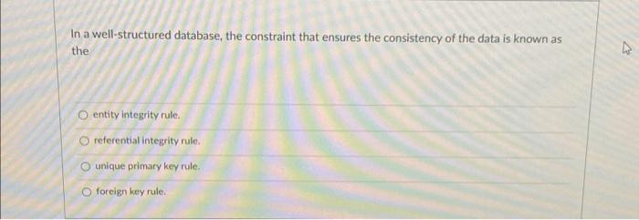Solved In a well-structured database, the constraint that | Chegg.com