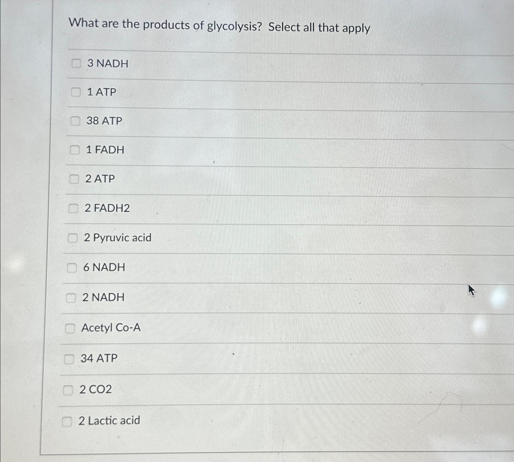 Solved What are the products of glycolysis? Select all that | Chegg.com