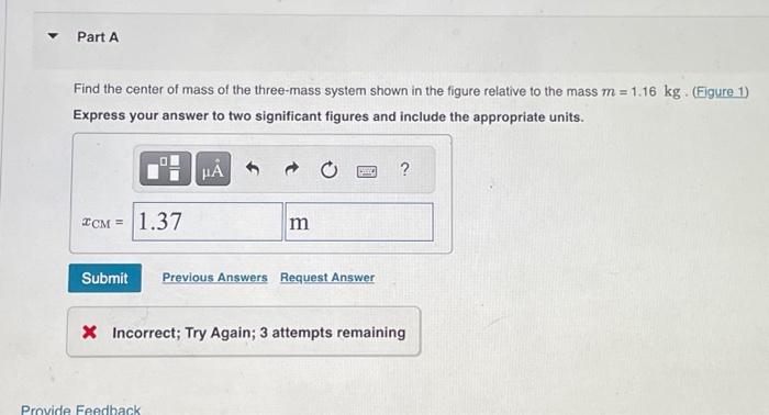Find the center of mass of the three-mass system | Chegg.com