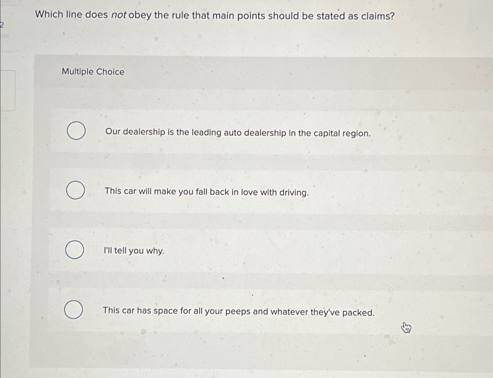 Solved Which line does not obey the rule that main points | Chegg.com