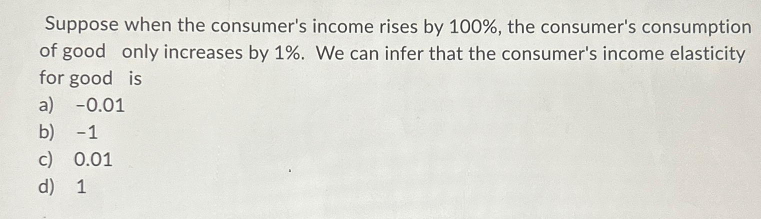 Solved Suppose when the consumer's income rises by 100%, | Chegg.com