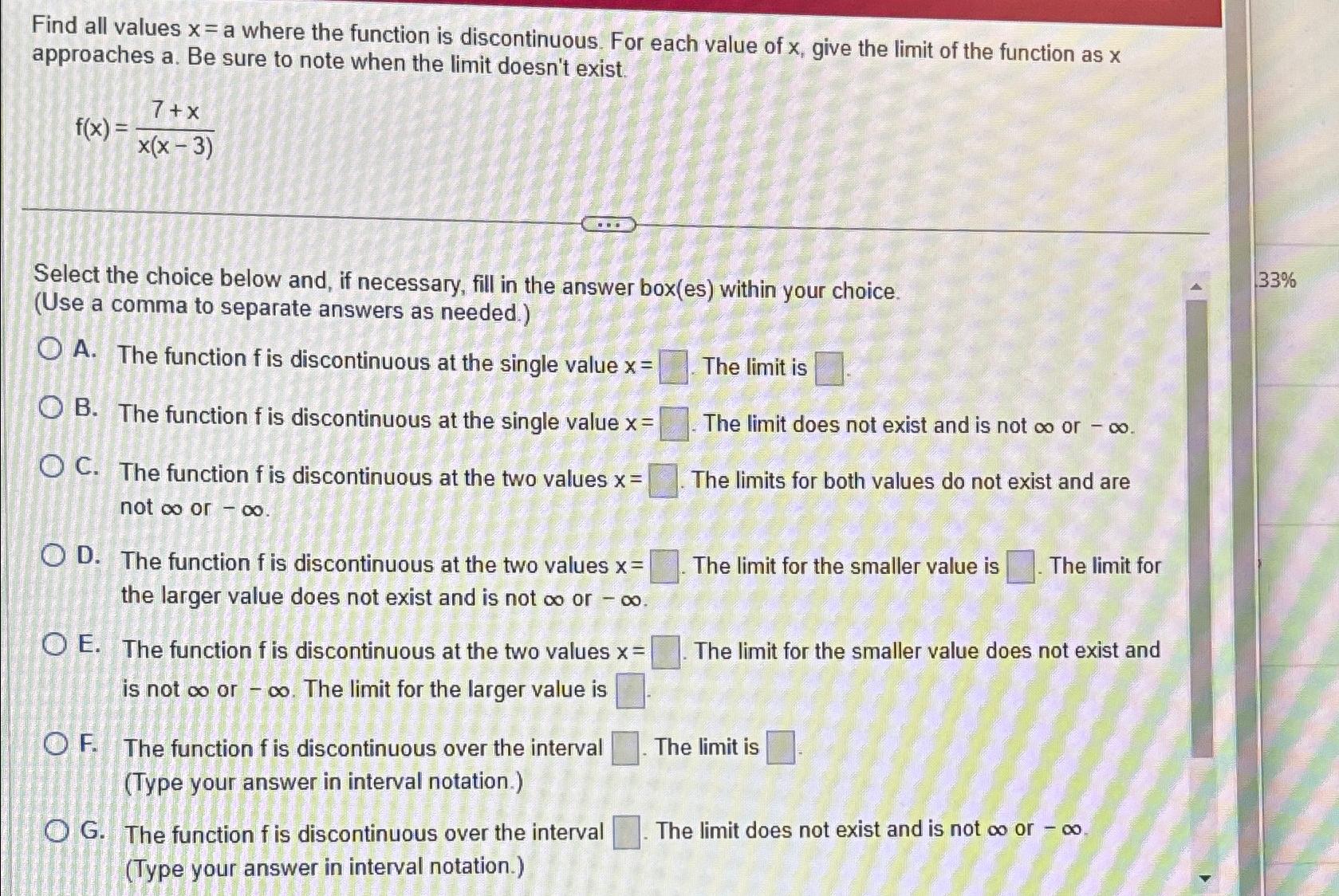 Solved Find all values x=a where the function is | Chegg.com