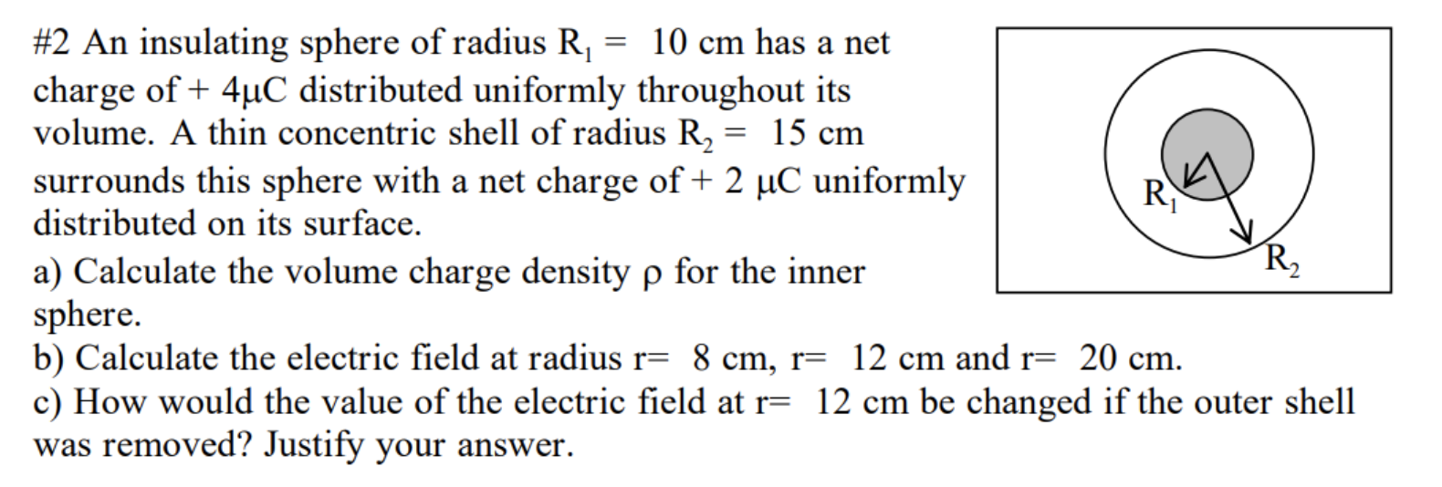 Solved #2 ﻿An insulating sphere of radius R1=10cm ﻿has a | Chegg.com