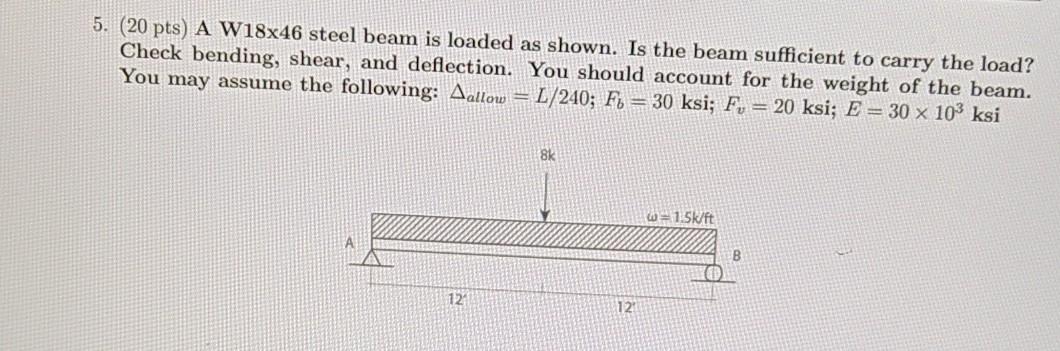 Solved 5. (20 pts) A W18x46 steel beam is loaded as shown. | Chegg.com