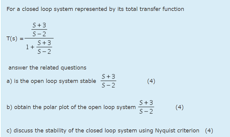 Solved For a closed loop system represented by its total | Chegg.com
