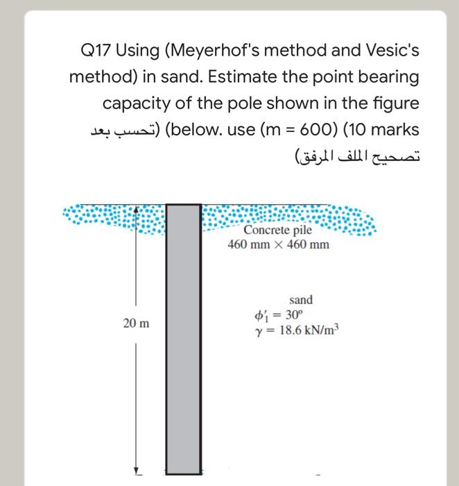 Solved Q17 Using (Meyerhof's method and Vesic's method) in | Chegg.com