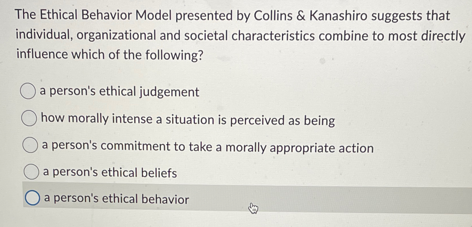 Solved The Ethical Behavior Model presented by Collins & | Chegg.com