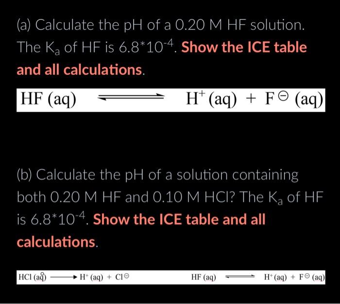 Solved (a) Calculate the pH of a 0.20MHF solution. The Ka of | Chegg.com