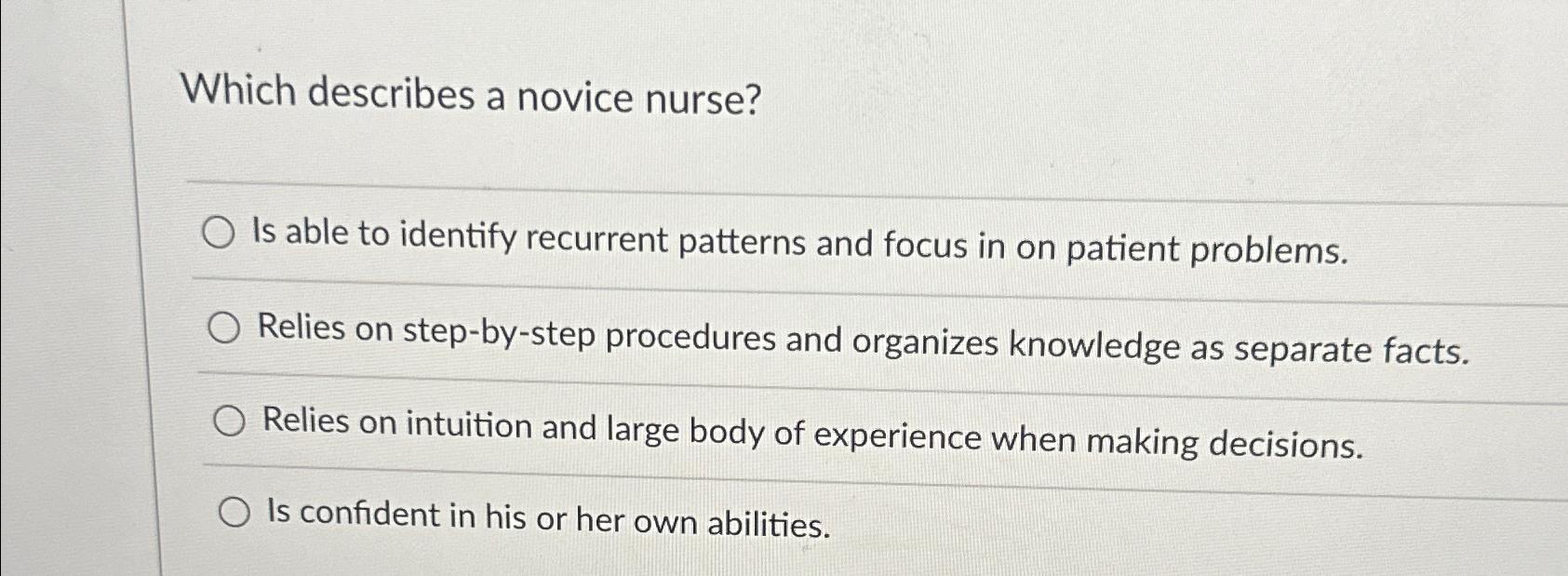 Solved Which describes a novice nurse?Is able to identify | Chegg.com