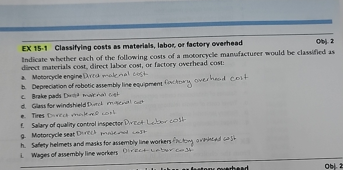 Solved EX 15-1 ﻿Classifying costs as materials, labor, or | Chegg.com