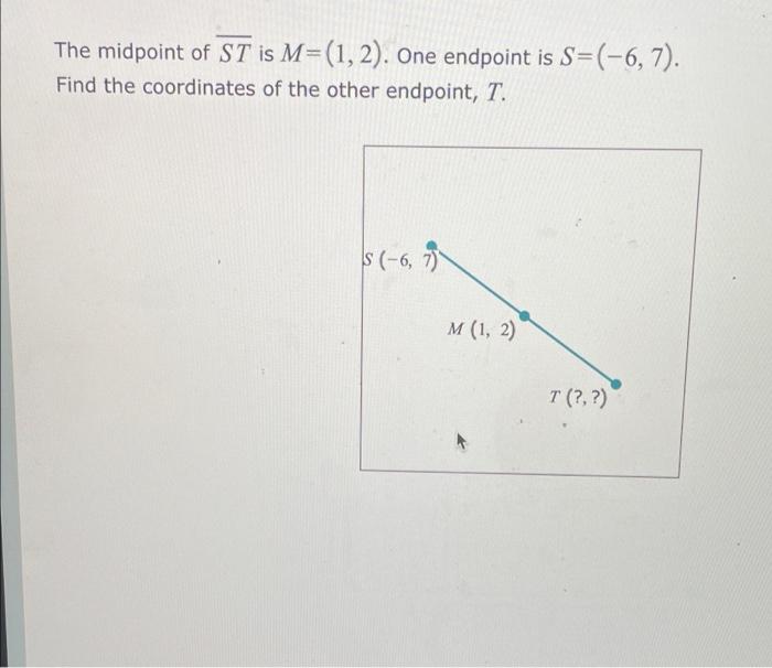 Solved The midpoint of ST is M=(1,2). One endpoint is S=(-6, | Chegg.com
