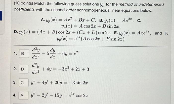 Solved (10 points) Match the following guess solutions yp | Chegg.com