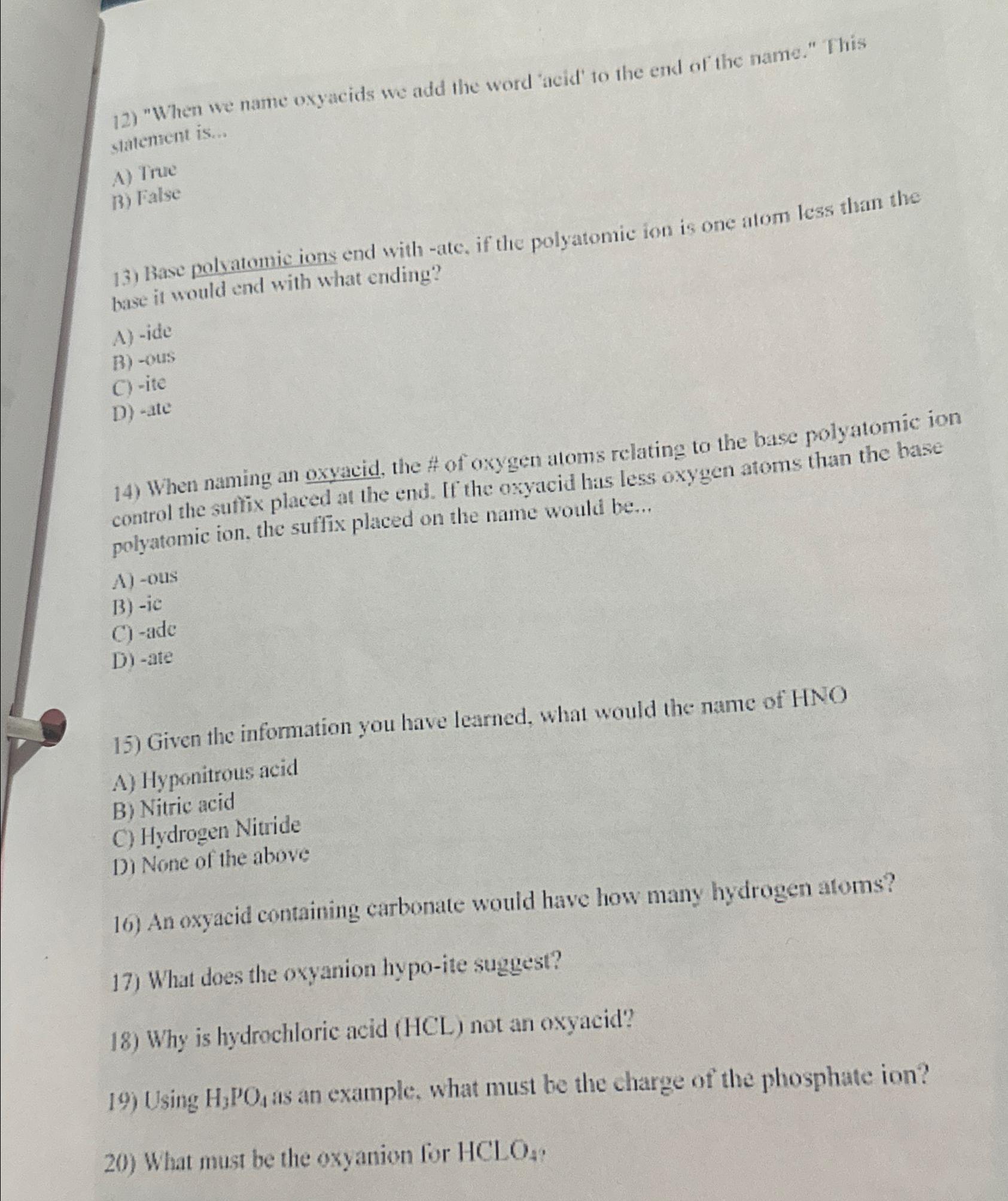 Solved "When we name oxyacids we add the word 'acid' to the | Chegg.com