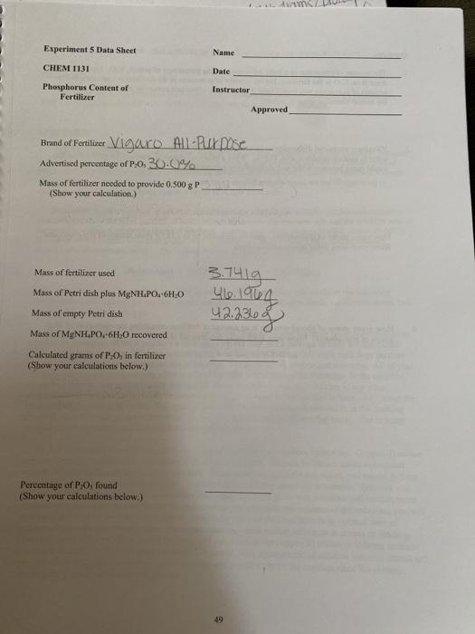 Solved Am Experiment 5 Data Sheet Name CHEM 1131 Date | Chegg.com