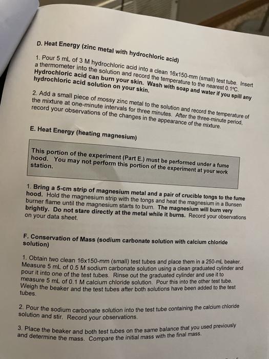 E. Heat Energy (heating magnesium) Observations of | Chegg.com