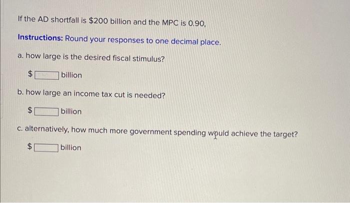 Solved If the AD shortfall is $200 billion and the MPC is | Chegg.com