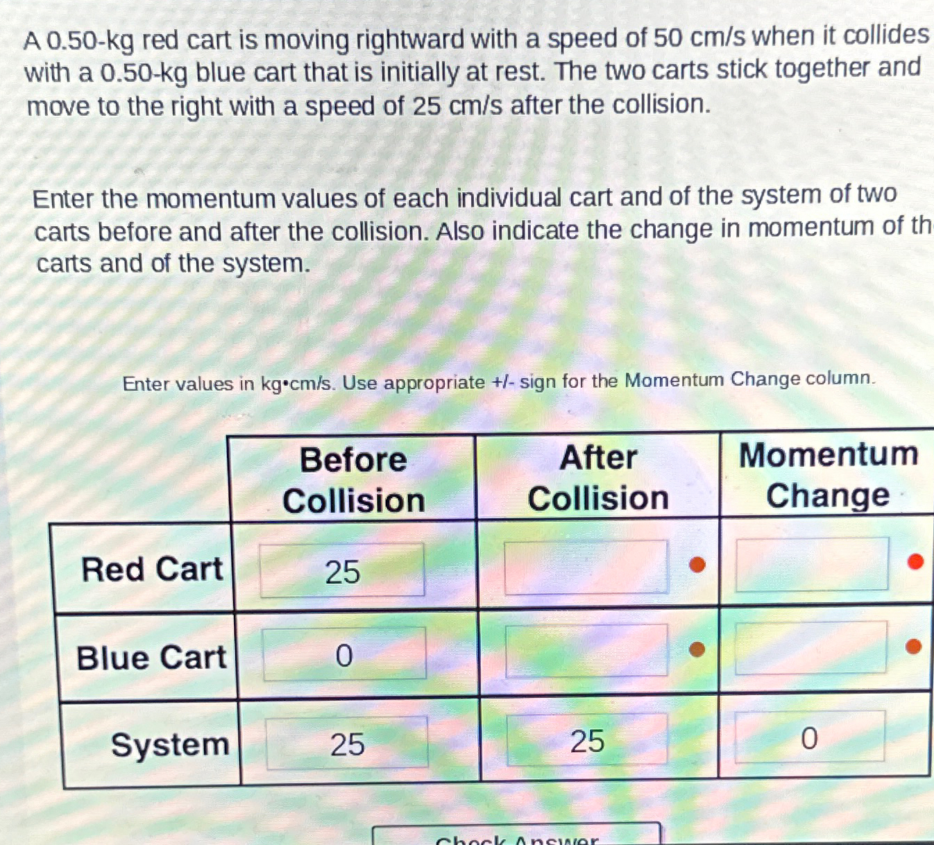 Solved A 0.50-kg ﻿red cart is moving rightward with a speed | Chegg.com