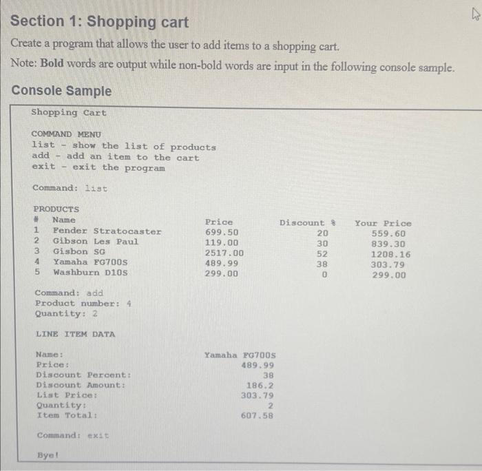Solved Section 1: Shopping cart Create a program that allows | Chegg.com