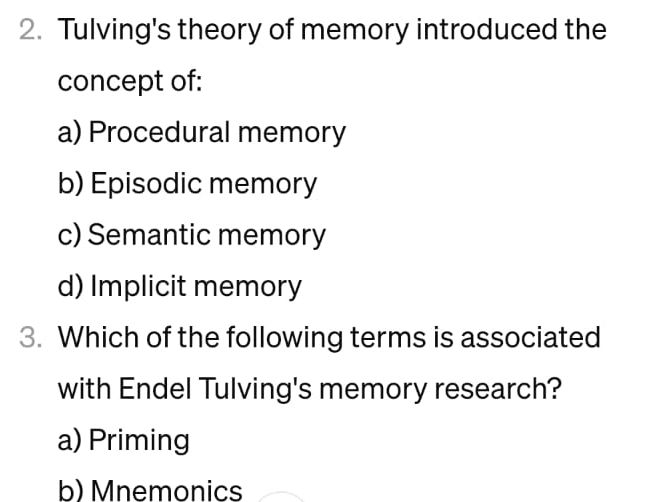 Solved Tulving's theory of memory introduced the concept | Chegg.com