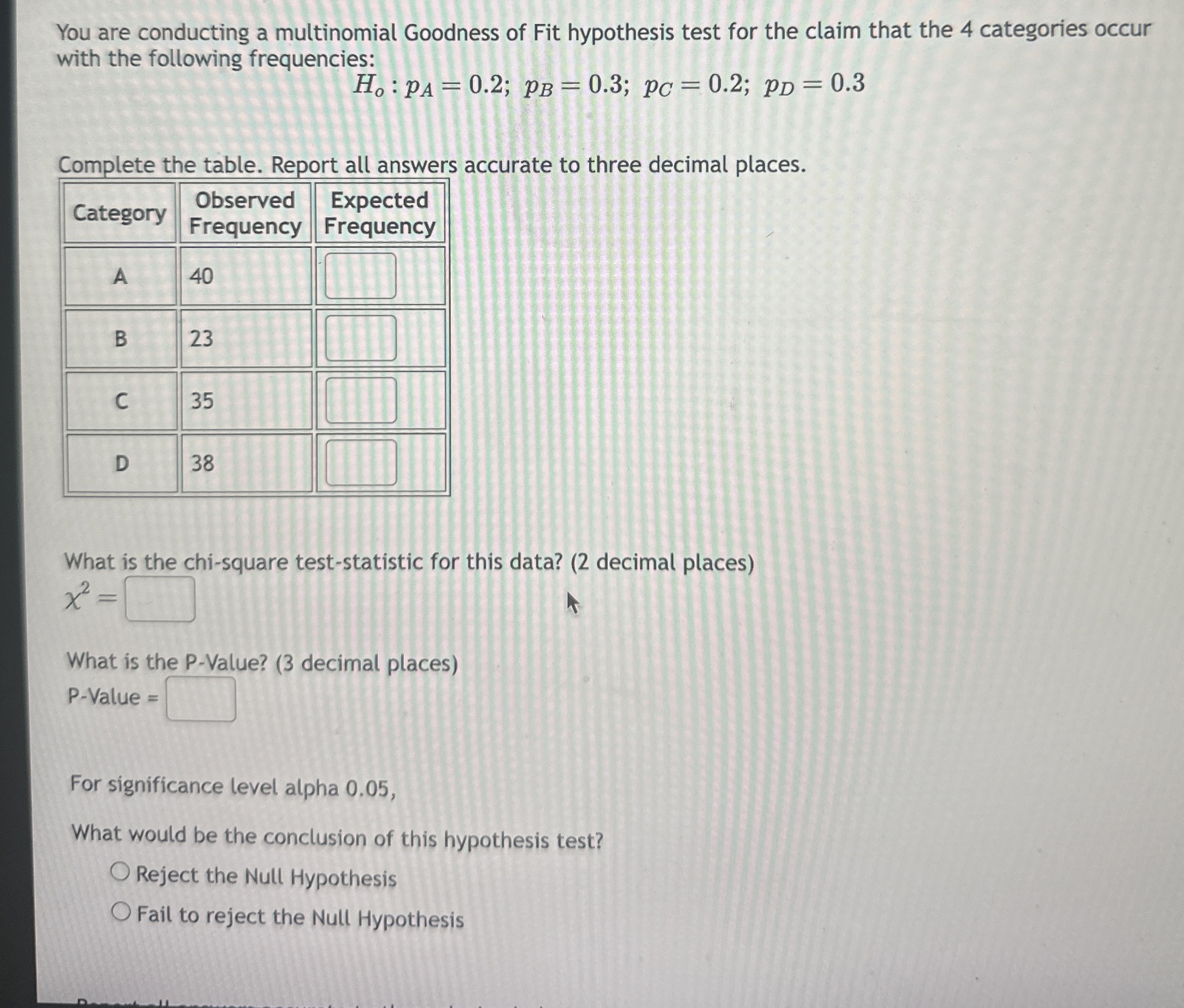 Solved You are conducting a multinomial Goodness of Fit | Chegg.com