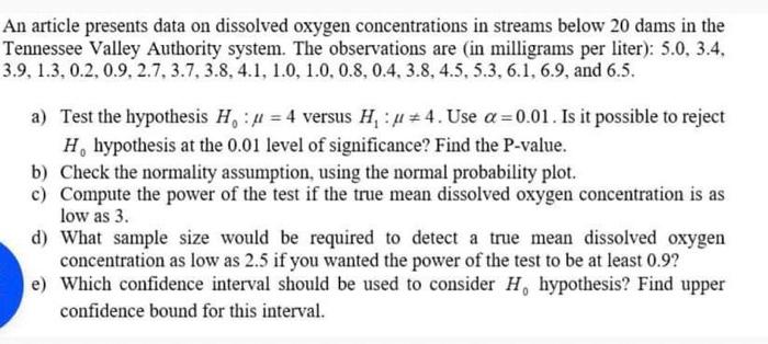 Solved An article presents data on dissolved oxygen | Chegg.com