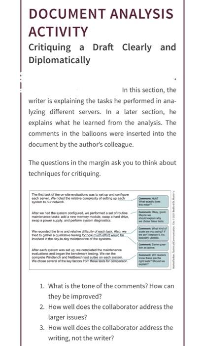 Solved DOCUMENT ANALYSIS ACTIVITY Critiquing a Draft Clearly | Chegg.com