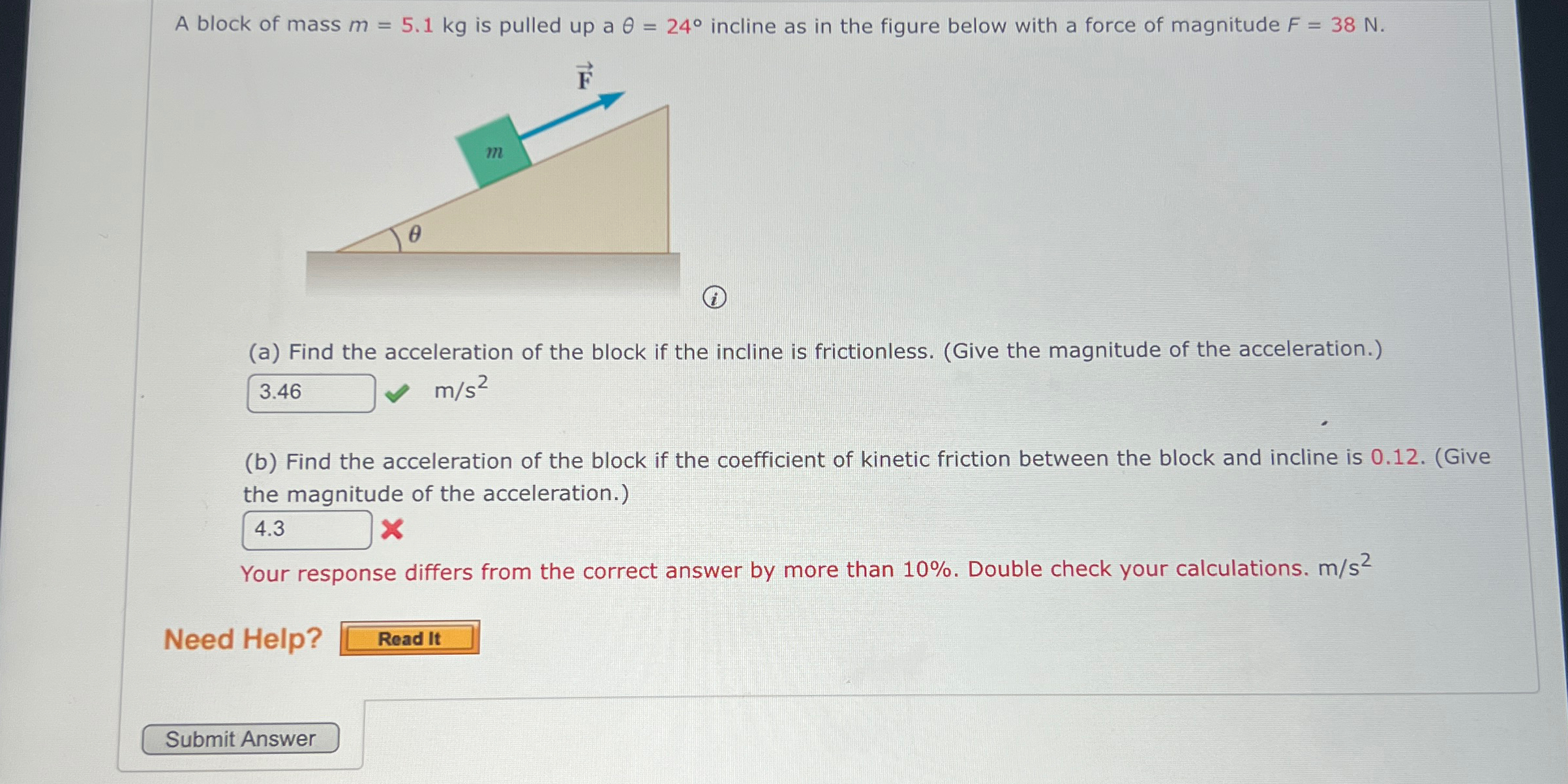 Solved A block of mass m=5.1kg ﻿is pulled up a θ=24° | Chegg.com