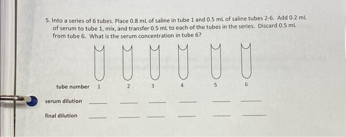 Solved 5. Into a series of 6 tubes. Place 0.8 mL of saline | Chegg.com