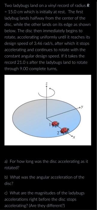 Solved Two ladybugs land on a vinyl record of radius R =15.0 | Chegg.com