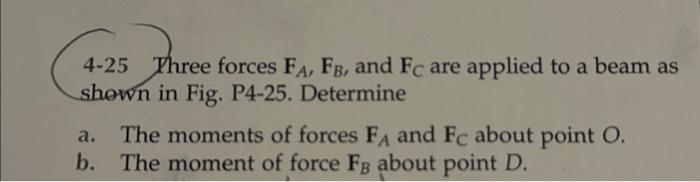 Solved 4-25 Three forces FA,FB, and FC are applied to a beam | Chegg.com