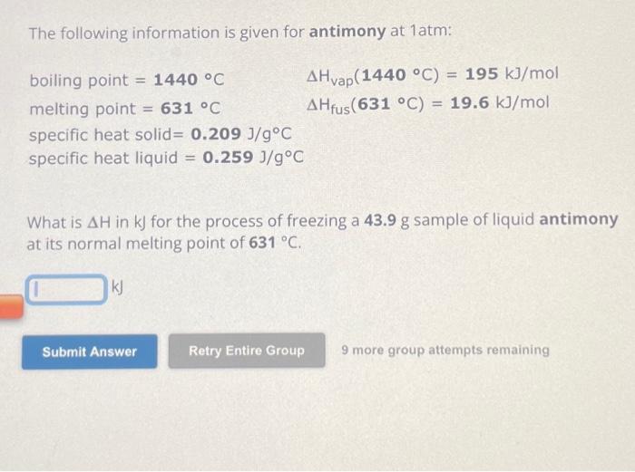 Solved The following information is given for antimony at | Chegg.com
