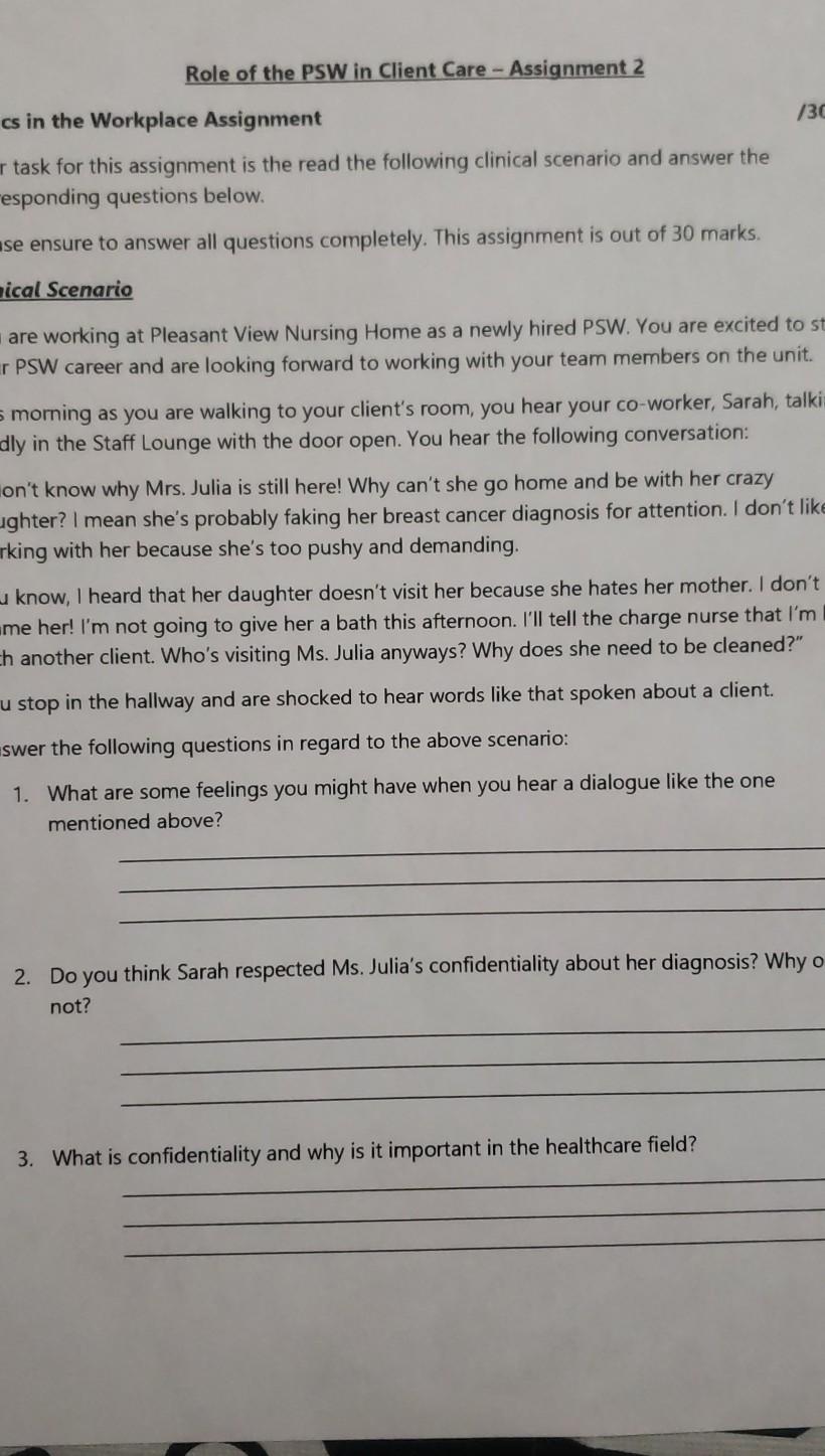 Solved Role of the PSW in Client Care - Assignment 2 /30 cs | Chegg.com