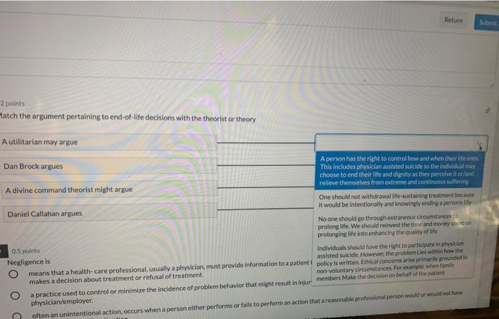 Return Submit 2 points Match the argument pertaining | Chegg.com