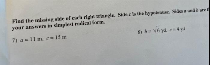 Solved Find the missing side of each right triangle. Side e | Chegg.com